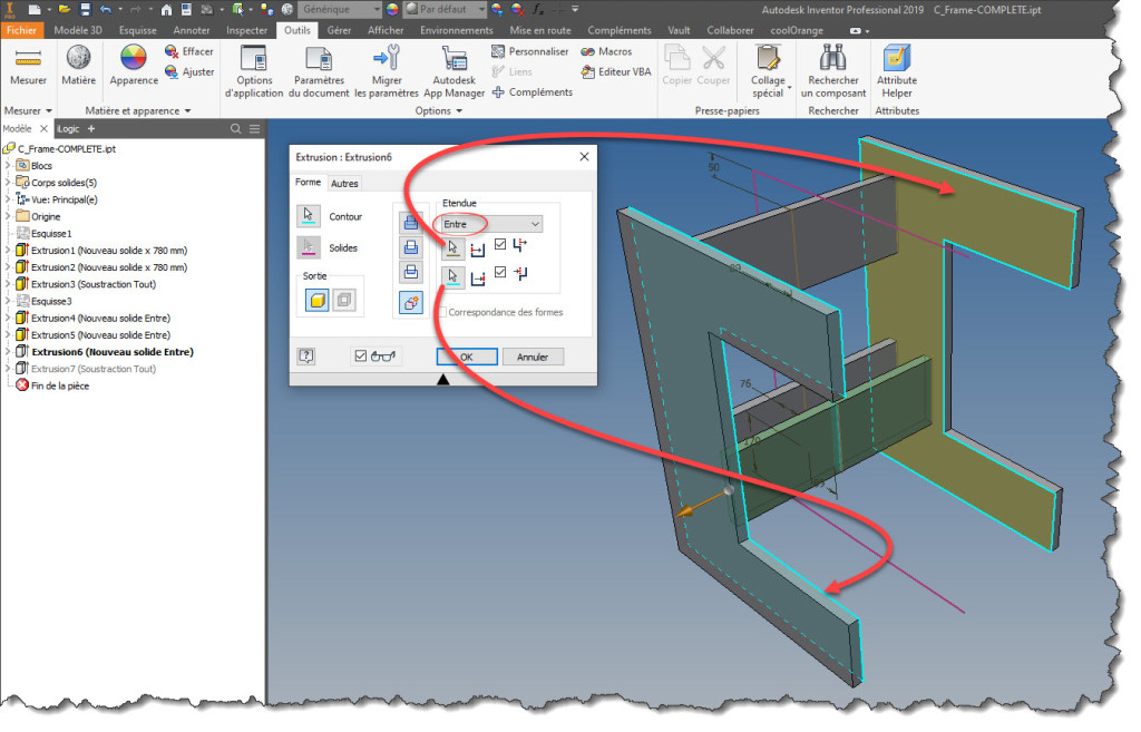 Extrusion entre 2 faces (Depuis Jusque) Inventor 2020 - Aplicit