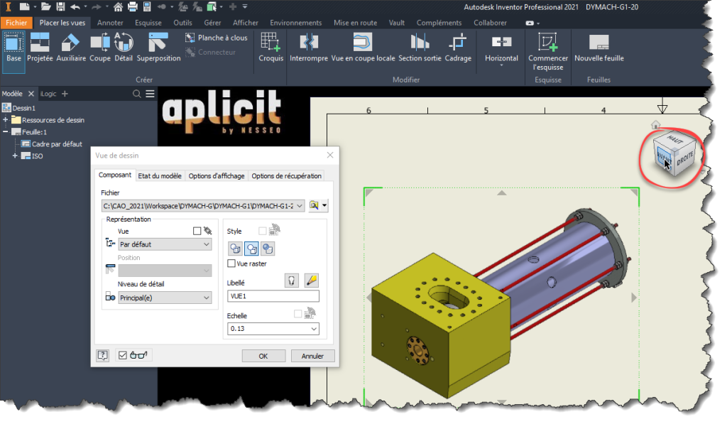 Cube de Navigation Inventor, vue de dessin - Aplicit